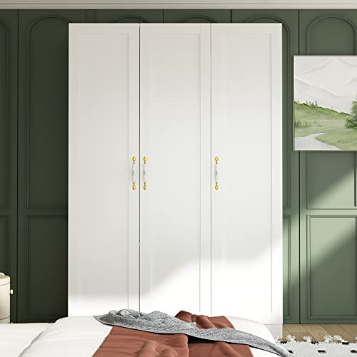 Homsee Large Wardrobe Armoire Wooden Closet with 3 Doors, 5 Storage Compartments, 2 Hanging Rods & Decorative Handles for Bedroom, White (47.2”L x 18.3”W x 69.7”H)