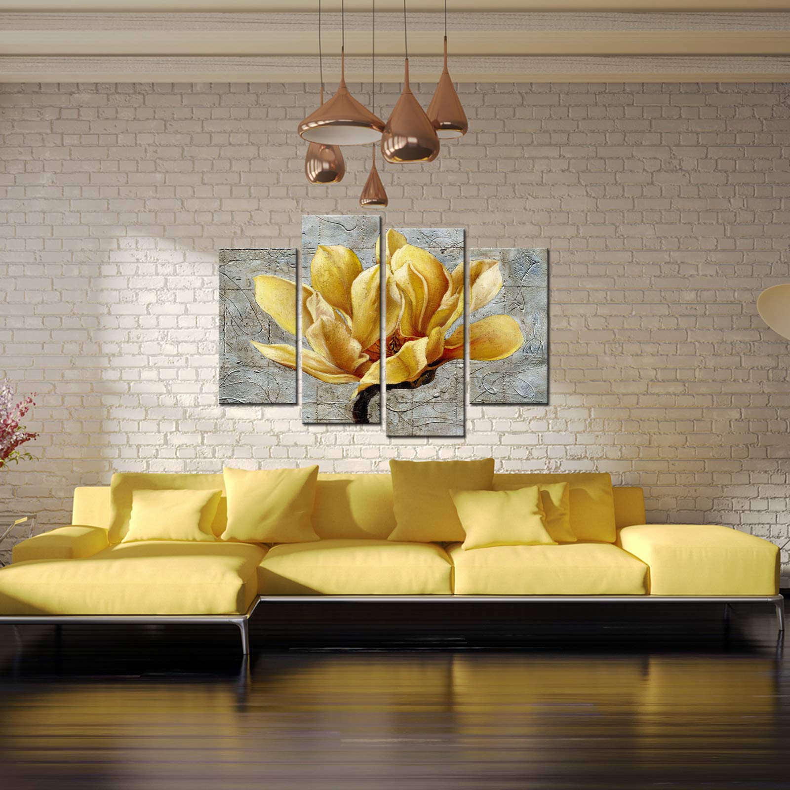 Biuteawal - 4 Panel Floral Wall Art Elegant Yellow Flower on Abstract Background Painting Canvas Print Still Life Artwork for Modern Home Kitchen Living Room Bedroom Wall Decoration Easy Hanging
