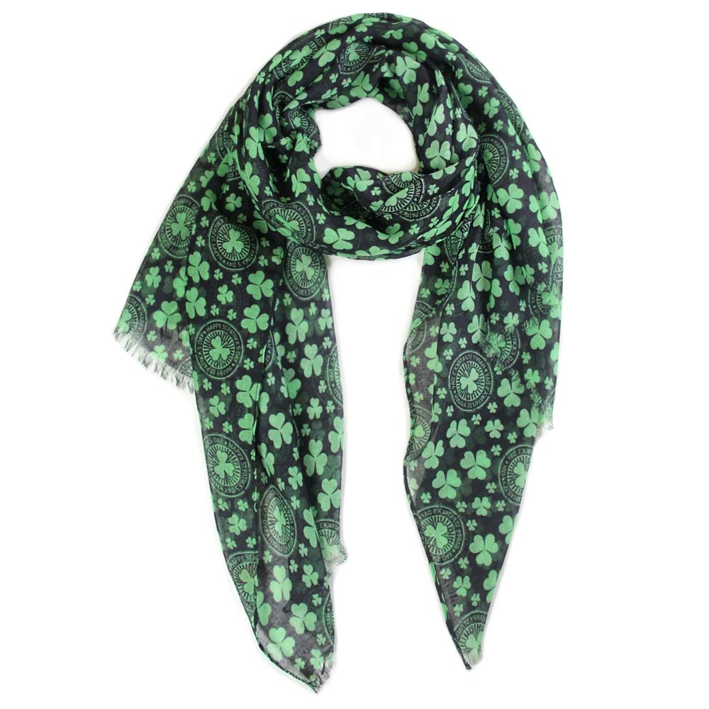 Me Plus Women St Patrick's Day Print Light Weight Long Scarf (Small Clover-Black)