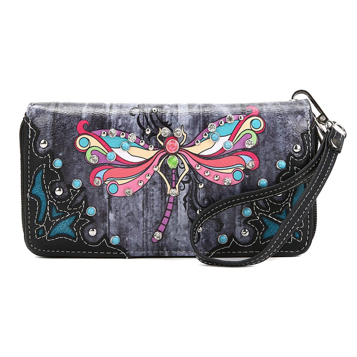 Colorful Dragonfly Western Spring Purse Country Handbag Women Shoulder Bag Crossbody Wallet Set Black