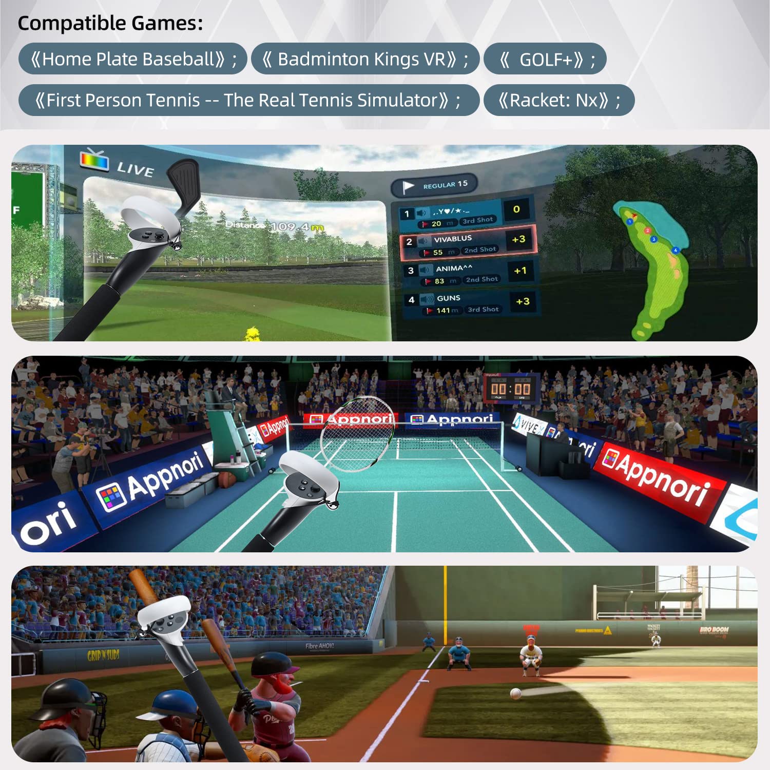 Compatible with Meta/Oculus Quest 2 VR Accessories - SINWEVR Long Stick Handle Bracket, Enhanced Golf + Home Run Baseball First Person Tennis Racket: NX Badminton King Game Immersive Experience