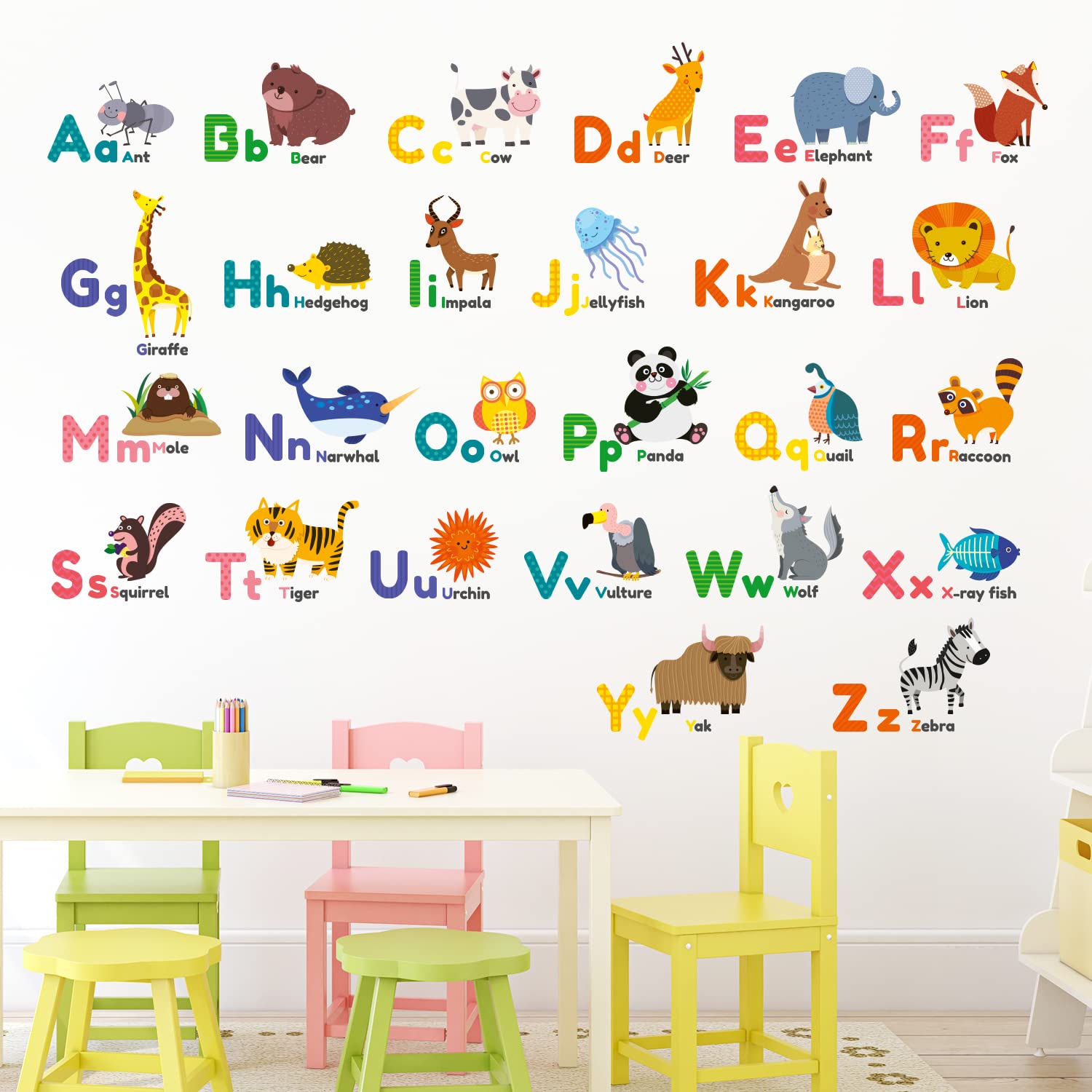 DECOWALL BS-113 Number Tree Alphabet Wall Stickers Kids Decals Nursery Bedroom Peel and Stick Removable Animal Living ABC Classroom