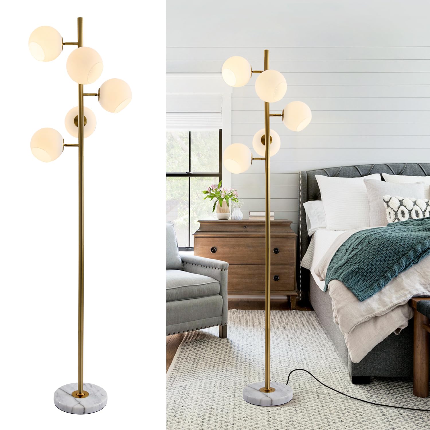 BOKT Gold Mid Century Modern Floor Lamp 5-Lights Glass Globe Floor Lamp Antique Brass Floor Lamps Contemporary Tall Free Standing Reading Lamp for Bedroom Living Room