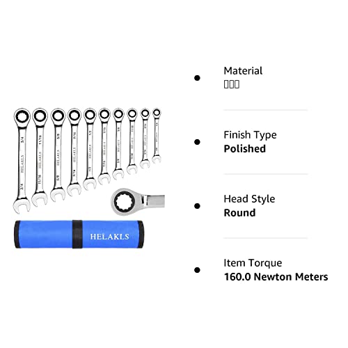 HELAKLS 10-Piece 1/4-3/4 Inch Ratchet Wrench Set Chrome Vanadium Steel SAE Combination Box Open Ended Standard Kit Tool for Mechanic with Portable Suspended Canvas Bag