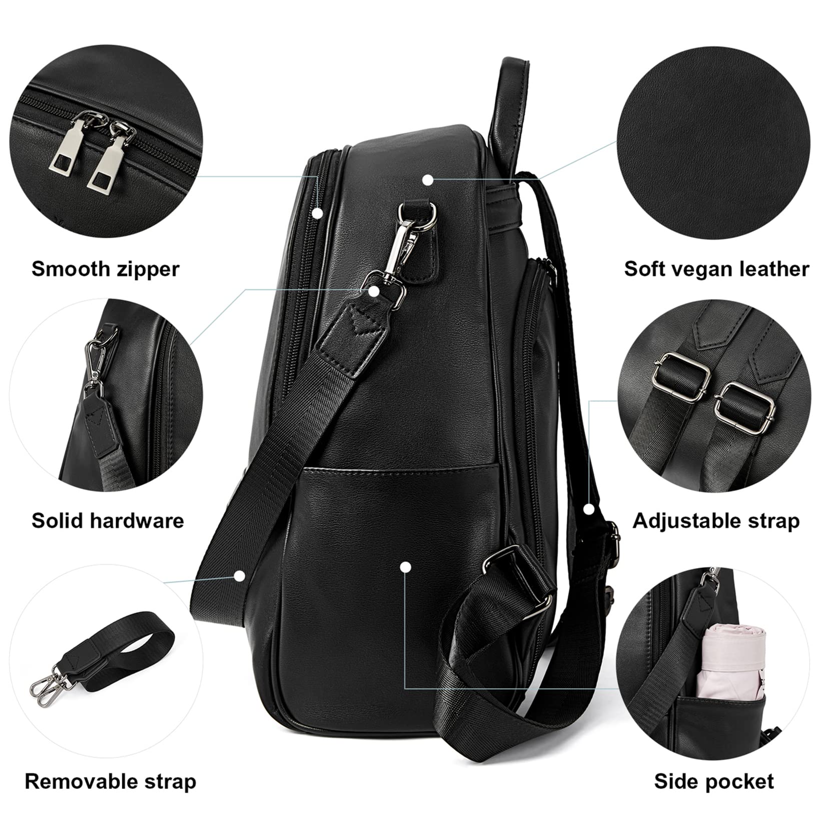 BROMEN Backpack Purse for Women Fashion Anti-theft Backpack Vegan Leather College Shoulder Handbag Black