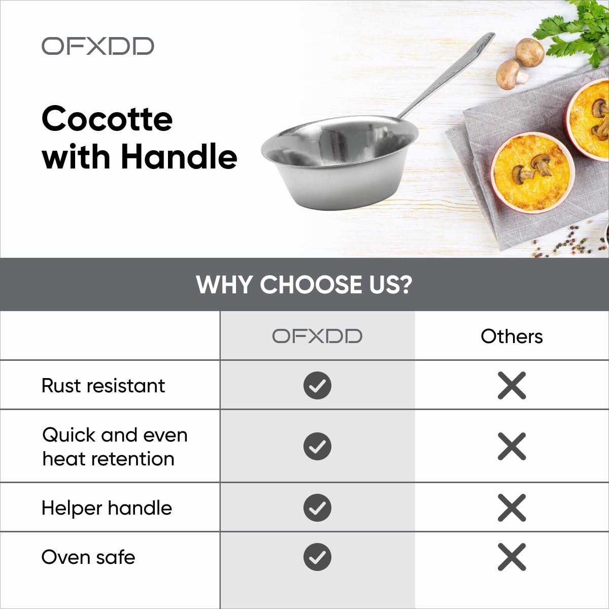 Cocotte Stainless Steel 3.15 Inch - 4 Pcs Mini Cocotte with Handle - Ramekin for Baking Julienne, Oven Safe, 3.38 Oz, OFXDD