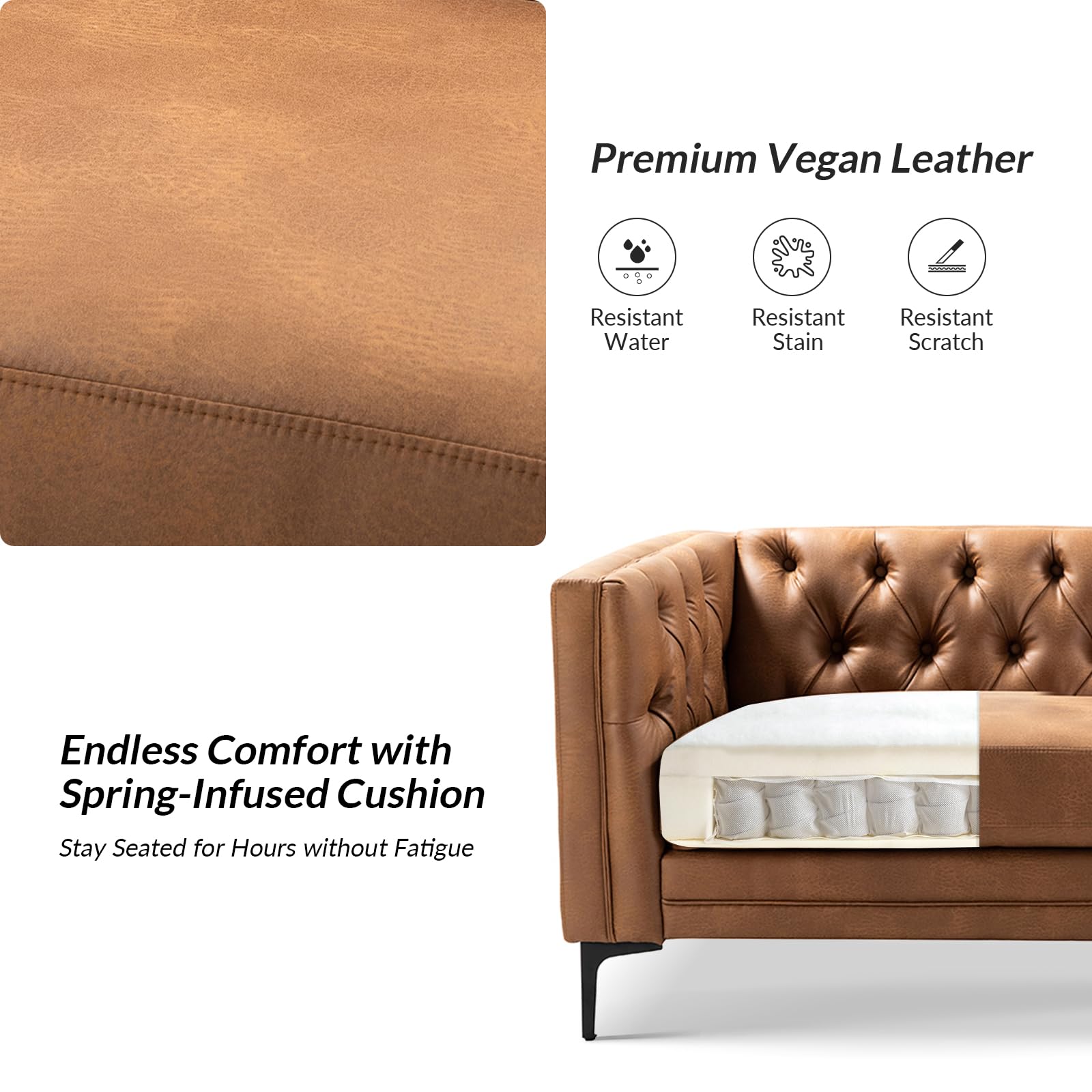 HULALA HOME 84" W Suede Faux Leather Sofa Couch with Metal Legs, Button-Tufted 3-Seater Sofa, Mid Century Modern Contemporary Upholstered Couch for Living Room, Entertainment Area, Apartment,Camel