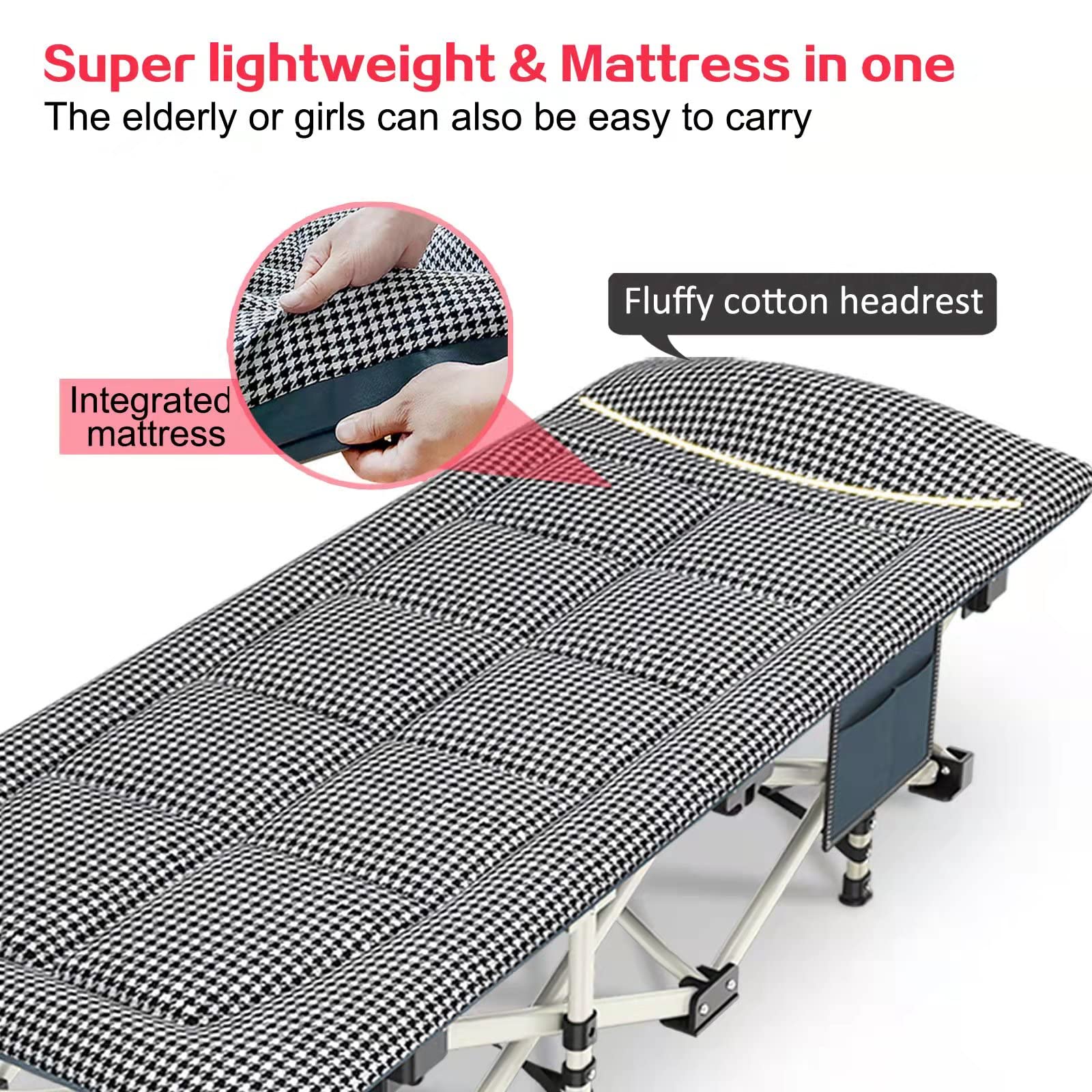 BRONOM Cot Camping Cot with Comfortable Mattress Pillow Heavy Duty 500 LB Load Cots for Sleeping with Pad Sleeping Cot Camping Bed Include Carry Bag for Adults Home Office Vocation Outdoor Nap