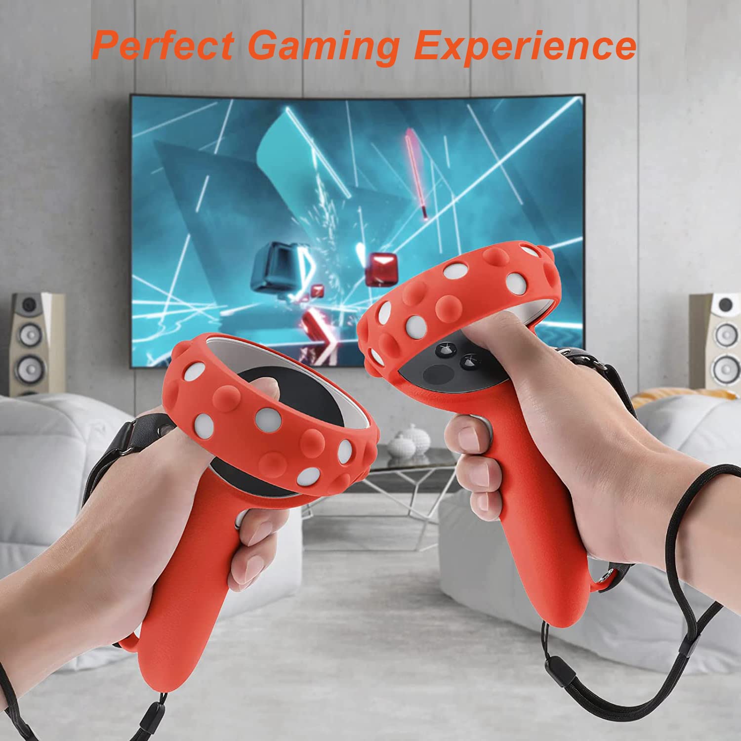 Compatible with Oculus Quest 2 Accessories | Lengthening Controller Grip Cover with Battery Opening | VR Shell Cover | Silicone face Cover | Protective Lens Cover (Red)