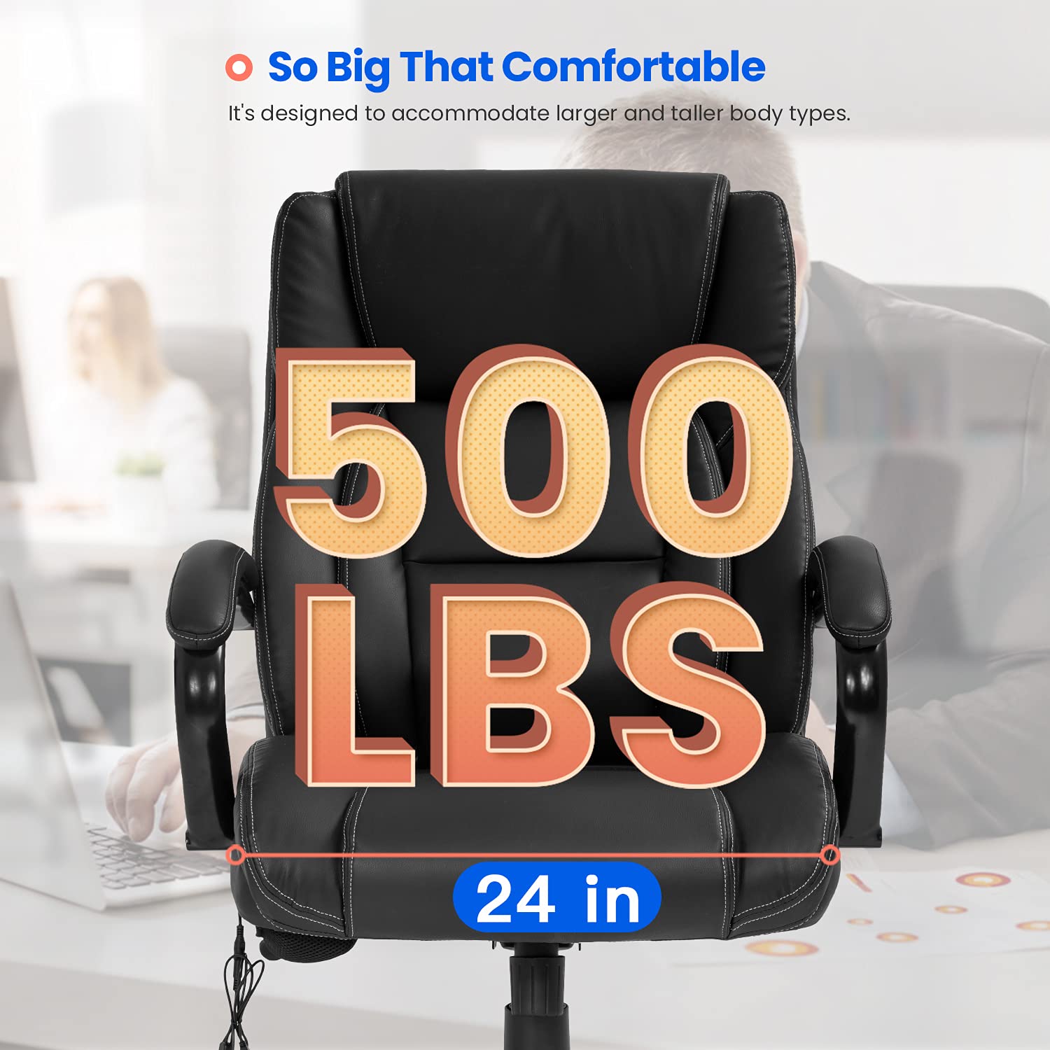 Office Chairs Big and Tall 500lbs Wide Seat for Heavy People Ergonomic Massage PU Leather Executive Chair Adjustable Rolling Swivel Computer Desk Chair with Lumbar Support Headrest Task Chair Black