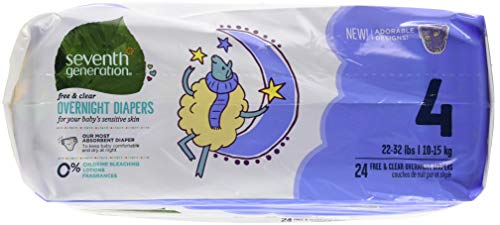 Seventh Generation Baby Overnight Diapers, Free & Clear, Stage 4, 22-32lbs, 24 count (Packaging May Vary)