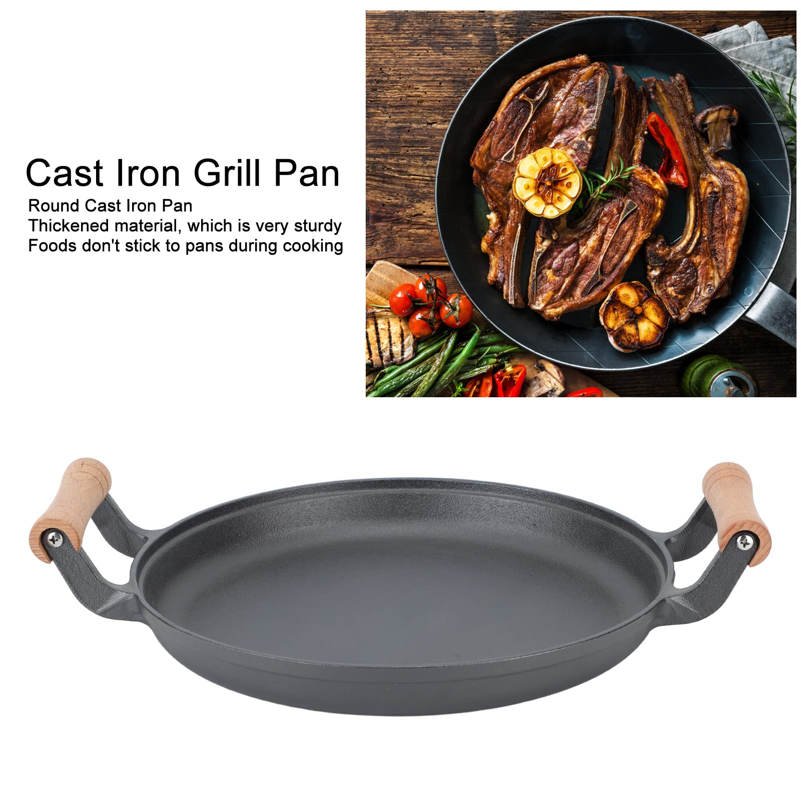 Depurate Round Cast Iron BBQ Grill Pan Dual Wooden Handles Steak Frying Meats Roasting Skillets Gatherings (33cm/12.99in)