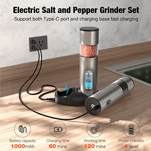 Gravity Electric Salt and Pepper Grinder Set, Automatic Upgraded Pepper and Salt Mill with Charging Base, Adjustable Coarseness and LED Light, One Hand Operation (Silver)