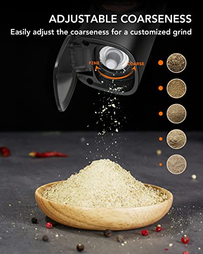 Gravity Electric Salt and Pepper Grinder Set, ππ©π π«ππππ Large Capacity, USB Rechargeable Automatic One Hand Operated, Adjustable Coarseness, Auto Dust Lid, LED Light, Stain Steel Grey, 2 Mills