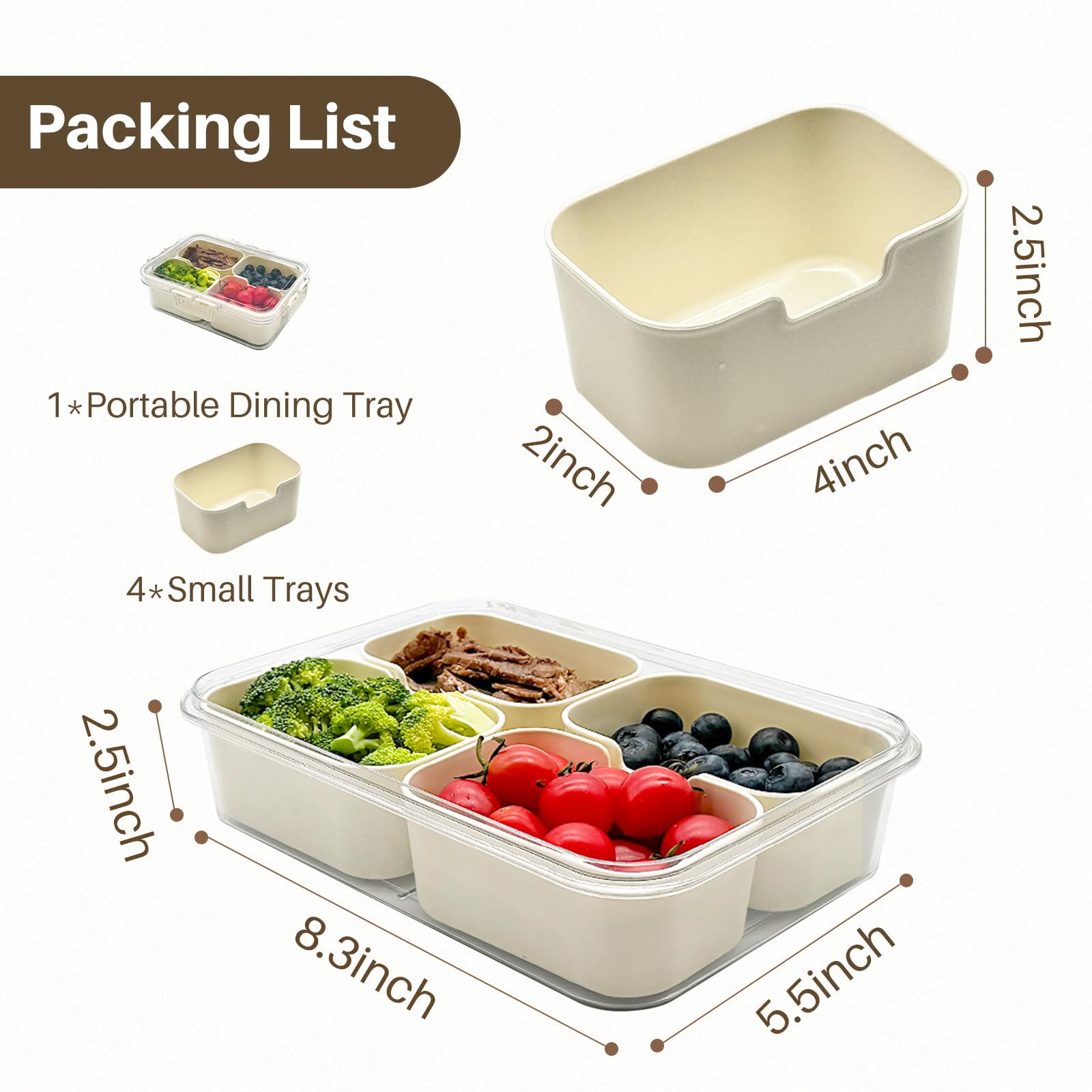 CODIEKEY Snackle Box Container, Dishwasher Safe Snack Box for Adult Kids, 4 compartments Plastic Divided Serving Tray with Lid and Handle for Candy, Fruits, Snacks, Nuts, Small,1 Pack
