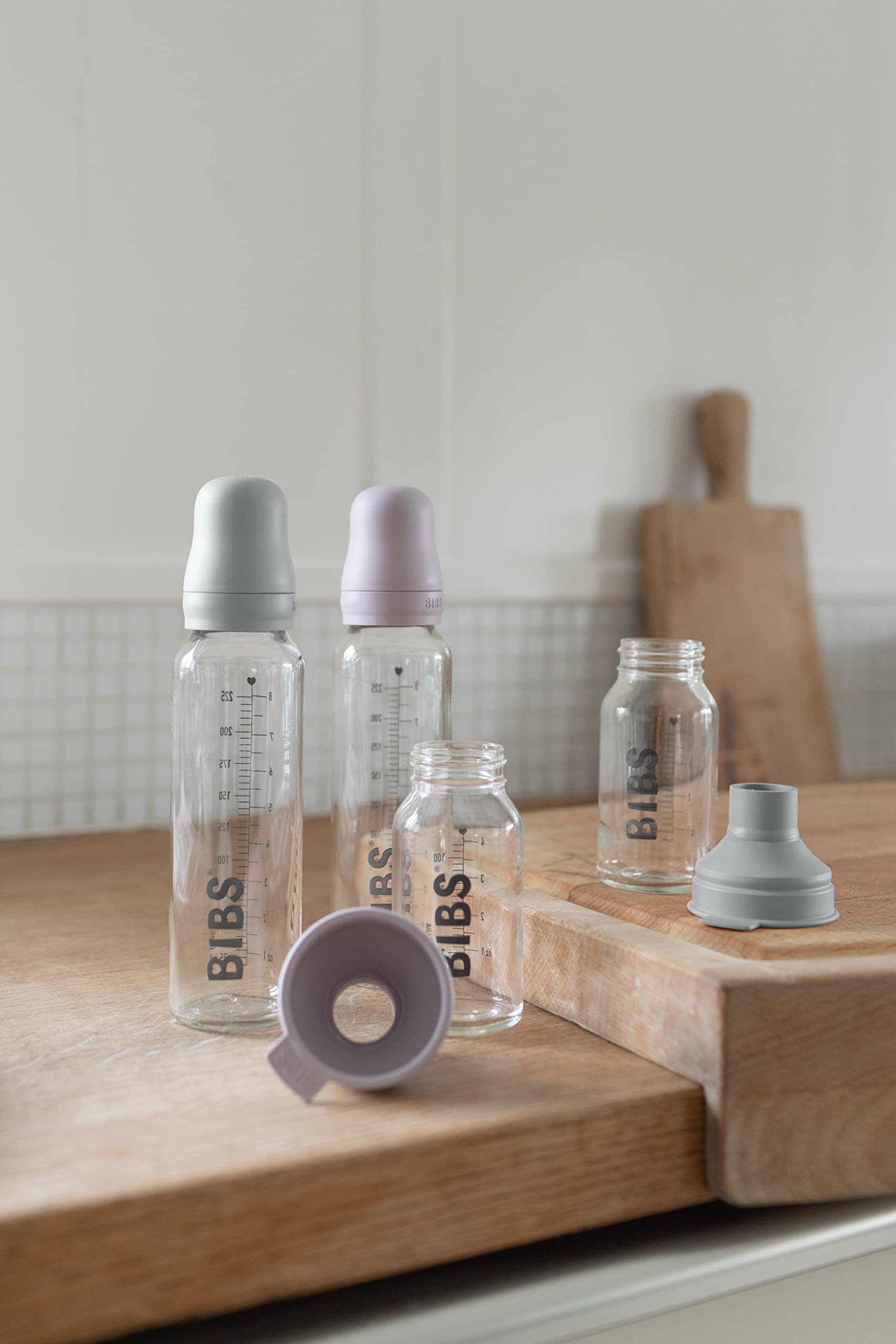 BIBS Baby Glass Bottle. Anti-Colic. Round Natural Rubber Latex Nipple. Supports Natural Breastfeeding, Complete Set - 110 ml, Cloud