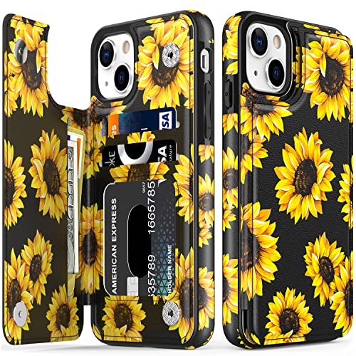LETO iPhone 14 Case,Flip Folio Leather Wallet Case Cover with Fashion Flower Designs for Girls Women,Built-in Card Slots Kickstand Protective Phone Case for iPhone 14 6.1" Blooming Sunflowers