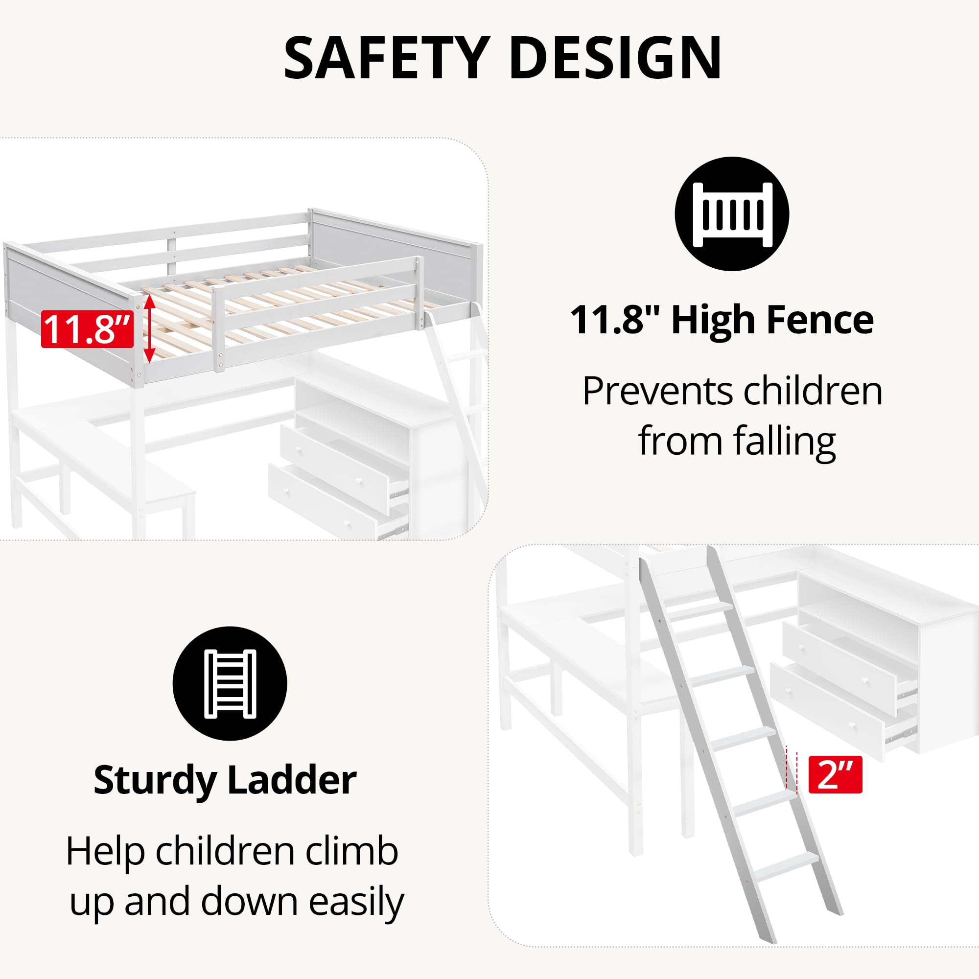 Full Loft Bed with Desk Underneath, Storage Shelves and 2 Drawers, Solid Wood Full Size Loft Bed Frame with Guardrails & Ladder for Girls Boys Junior Adults, Space-Saving, White