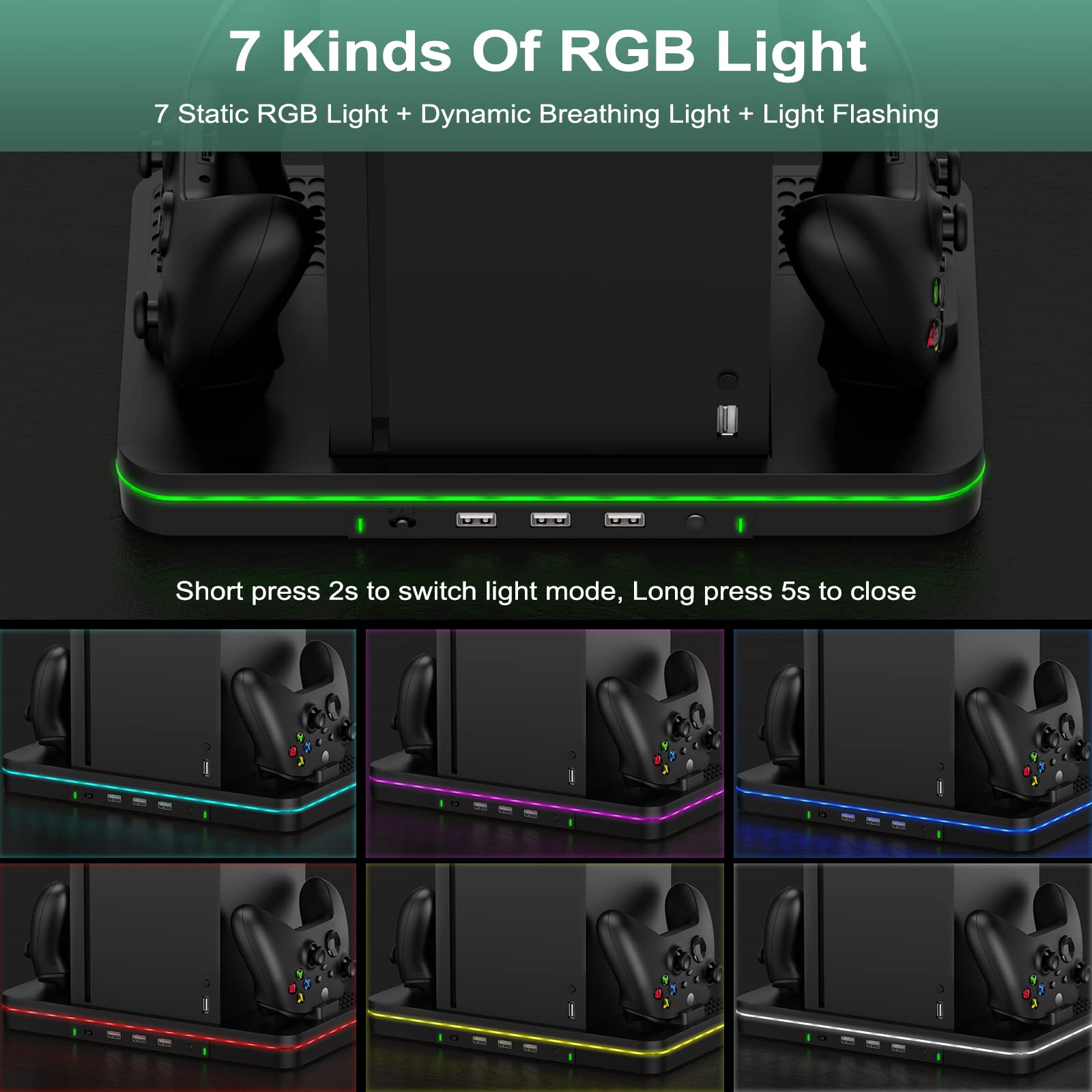 Charging Stand with Cooling Fan for Xbox Series X/S,Upgraded Vertical RGB lED Stand with Dual Controller Fast Charger Station Dock with 3 USB Ports & 7 Color Lights,2 Cooler Fans System Accessories
