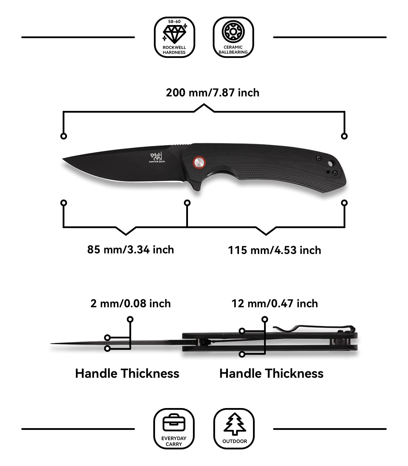 HUNTER.DUAL Pocket Knife, Folding EDC Knife with Clip for Men, Small Camping Knife for Outdoor, 3.34'' D2 Steel Blade, G10 Handle