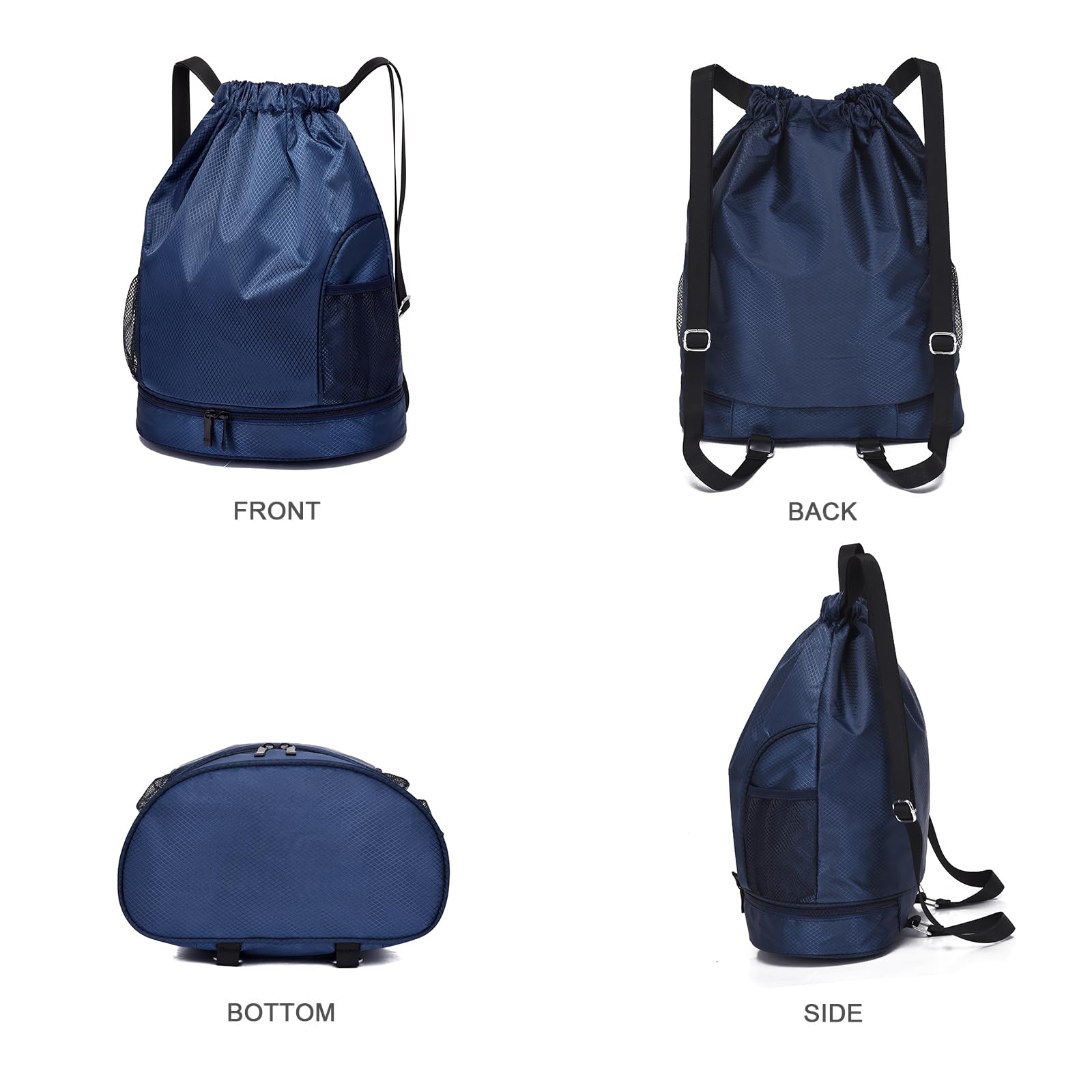 BONVEN Drawstring Backpack Sports Gym Drawstring Bags for Women Men Water Resistant String Backpack with Side Mesh Pockets Shoe Compartment