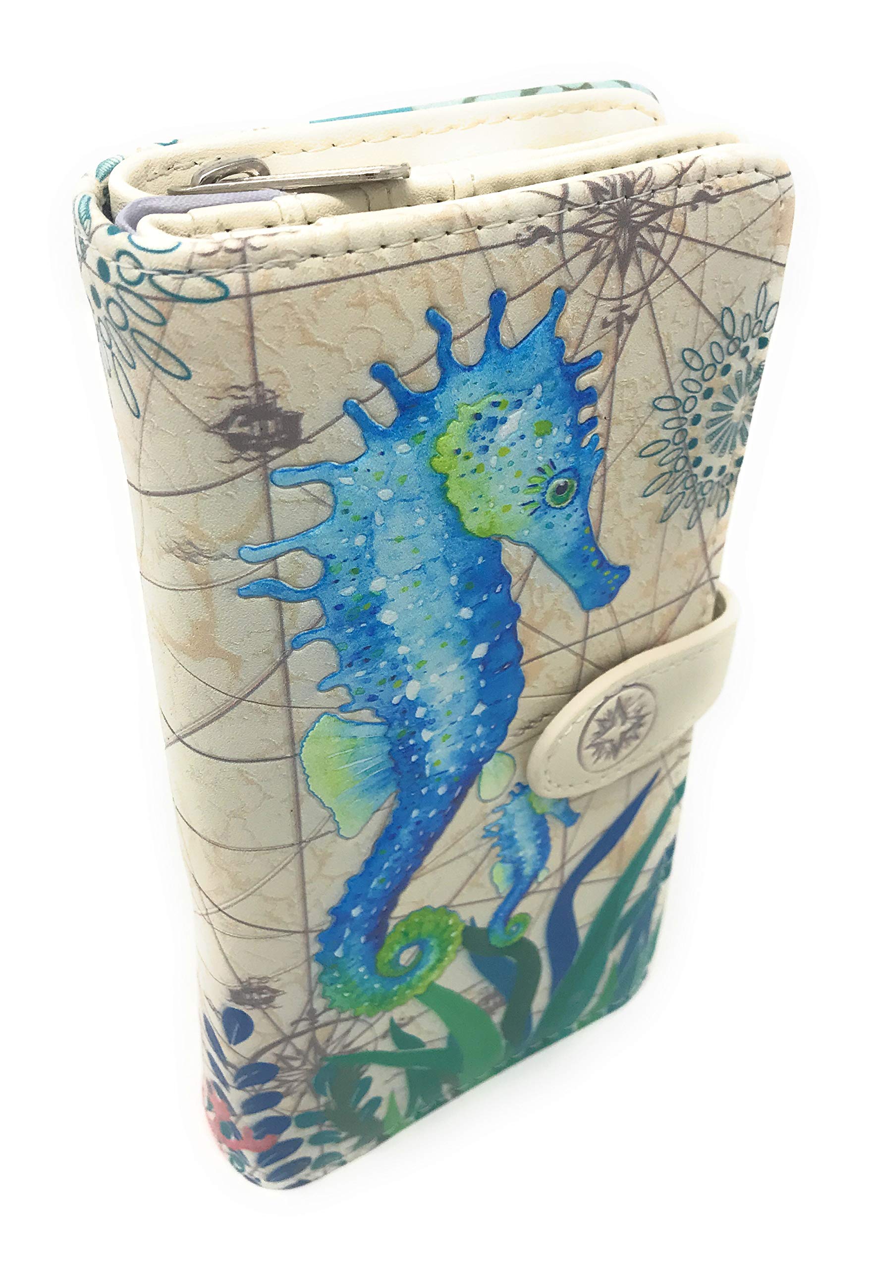 Shag Wear Sea Horse Large Beach Wallet for Women and Teen Girls Vegan Faux Leather 7" Beige