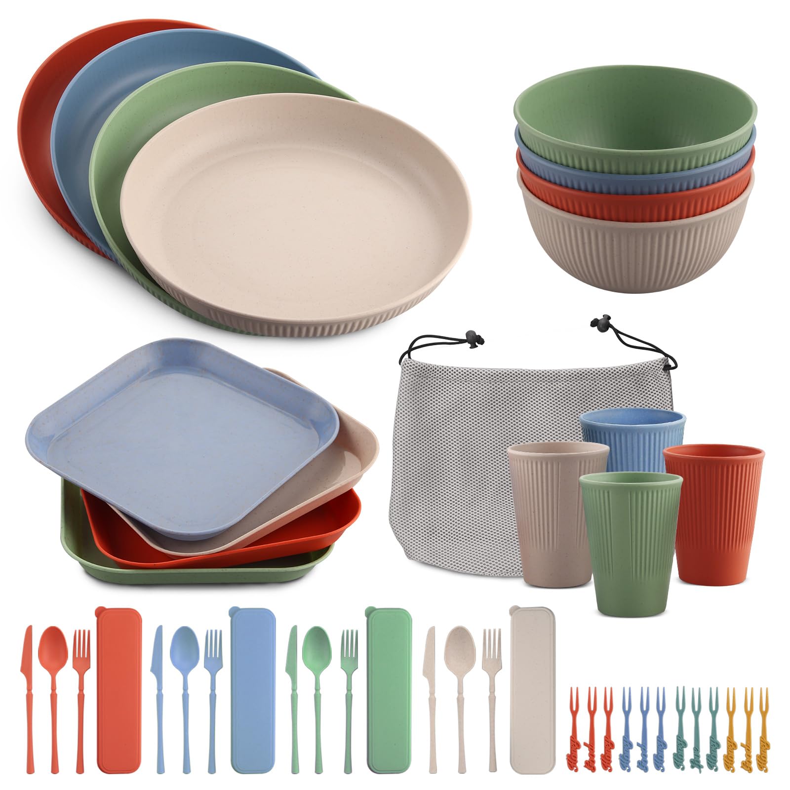 FUNYKICH 44PCS Plastic Dinnerware Set, Unbreakable Plates and Bowls Sets, Reusable Dishes Set for 4 with Plates, Bowls, Cups, Cutlery Set(Knife,Fork,Spoon), Fruit Forks, Dishwasher Microwave Safe