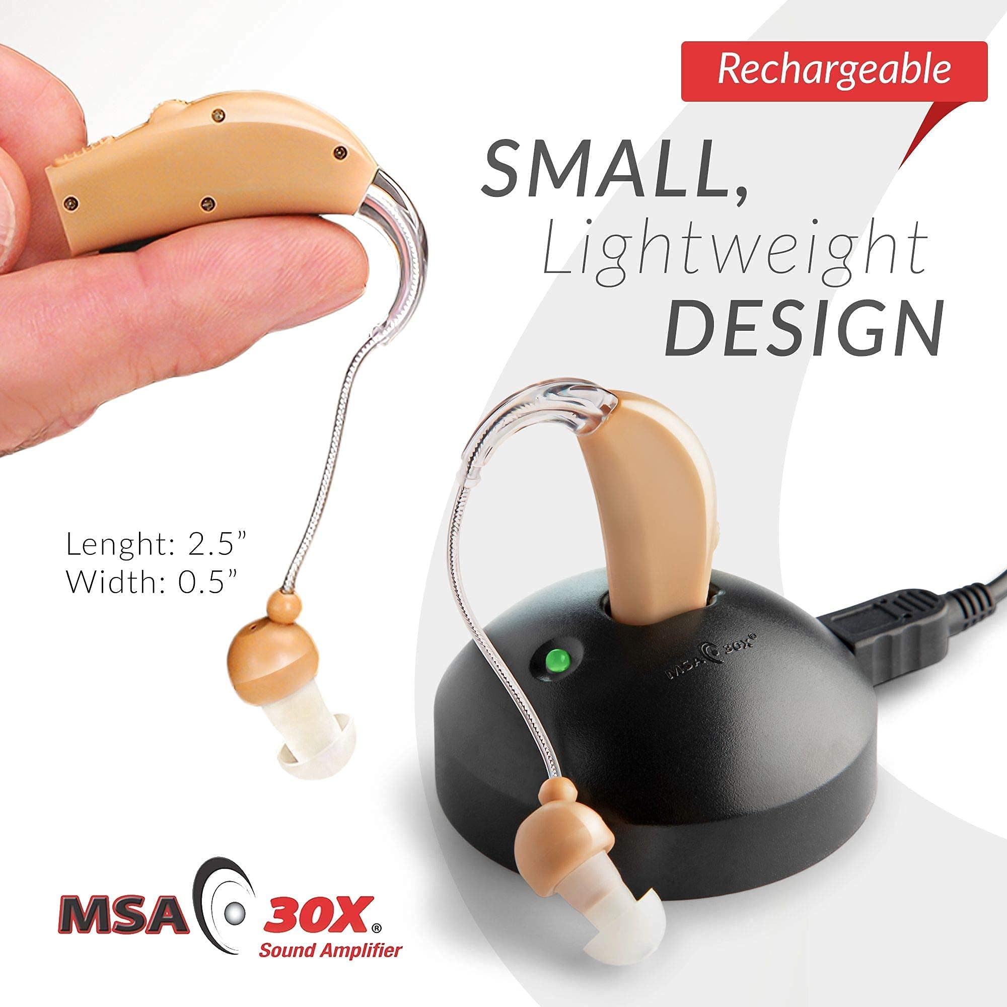 MSA 30X Sound Amplifier BTE PSAD | 30X Amplification | Recharging Station, 6 Silicone Tips & 1 Cleaning Brush | Unisex | Right or Left Ear | Pack of 1