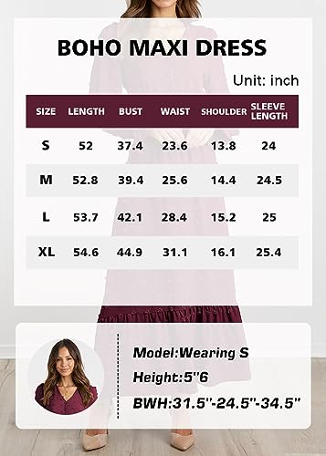 MASCOMODA Women Boho Maxi Dress 2023 Long Sleeve V Neck Swiss Dot Smocked High Waisted Button A-Line Ruffle Tiered Fall Long Dress(Medium, Wine Red)