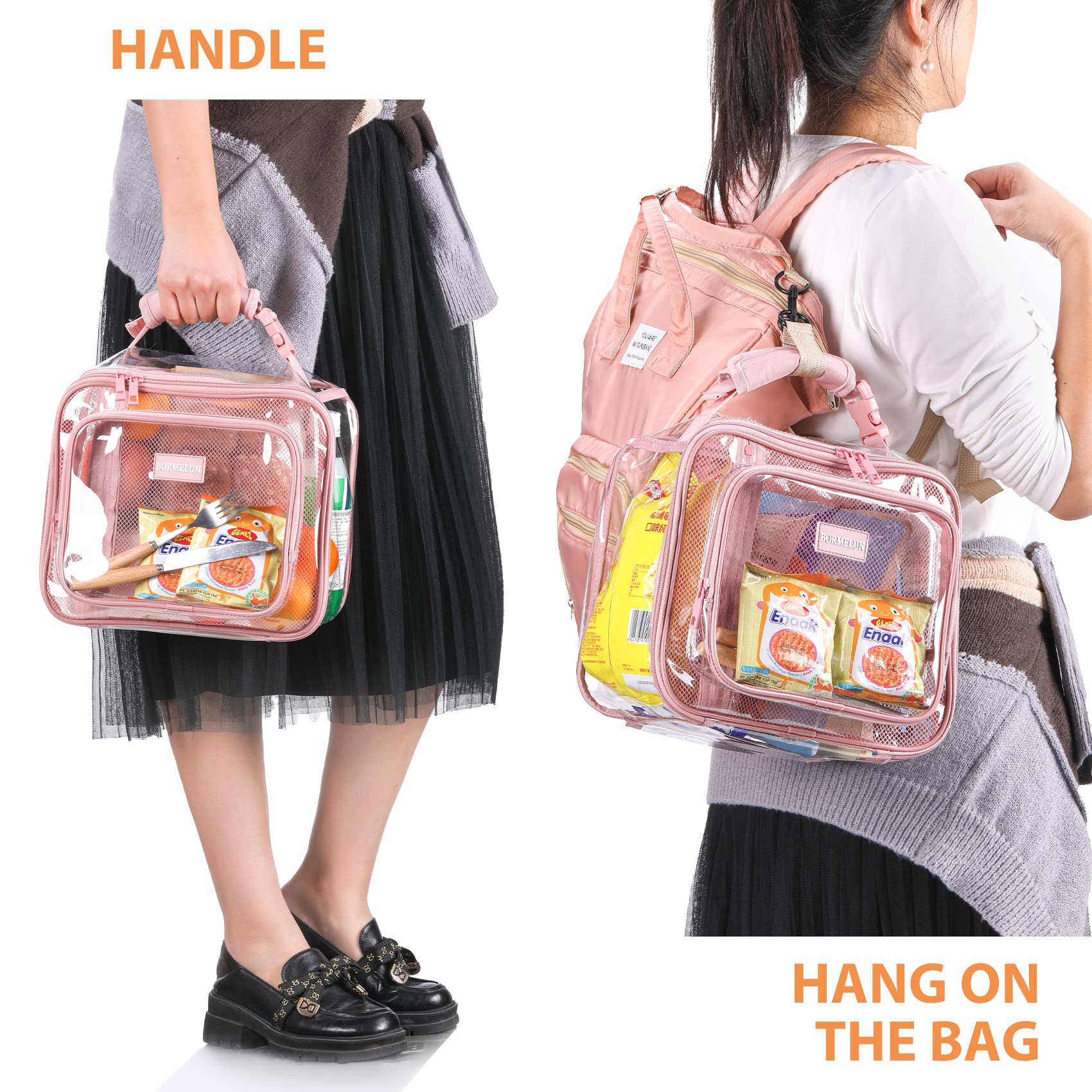 BORMELUN ® Large Pink Clear Lunch Bags for Girls,See Through Plastic Lunch Box,Tote Handle for Women,Office,School Picnic(11x9x6 inches)