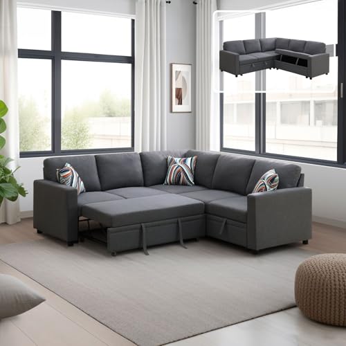 FUOROLA 4-in-1 Convertible Sofa Couch with Pull Out Bed and Storage Sectional Sleeper Sofa with Reversible Chaise for Living Room, Apartment, Bedroom, Office,Movie Room, Guestroom, Dormitory