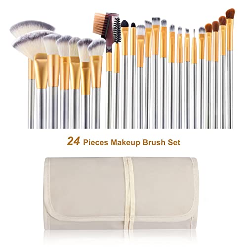 Make up Brushes, VANDER 24pcs Premium Cosmetic Makeup Brush Set for Foundation Blending Blush Concealer Eye Shadow, Cruelty-Free Synthetic Fiber Bristles, Travel Makeup bag Included, Champagne