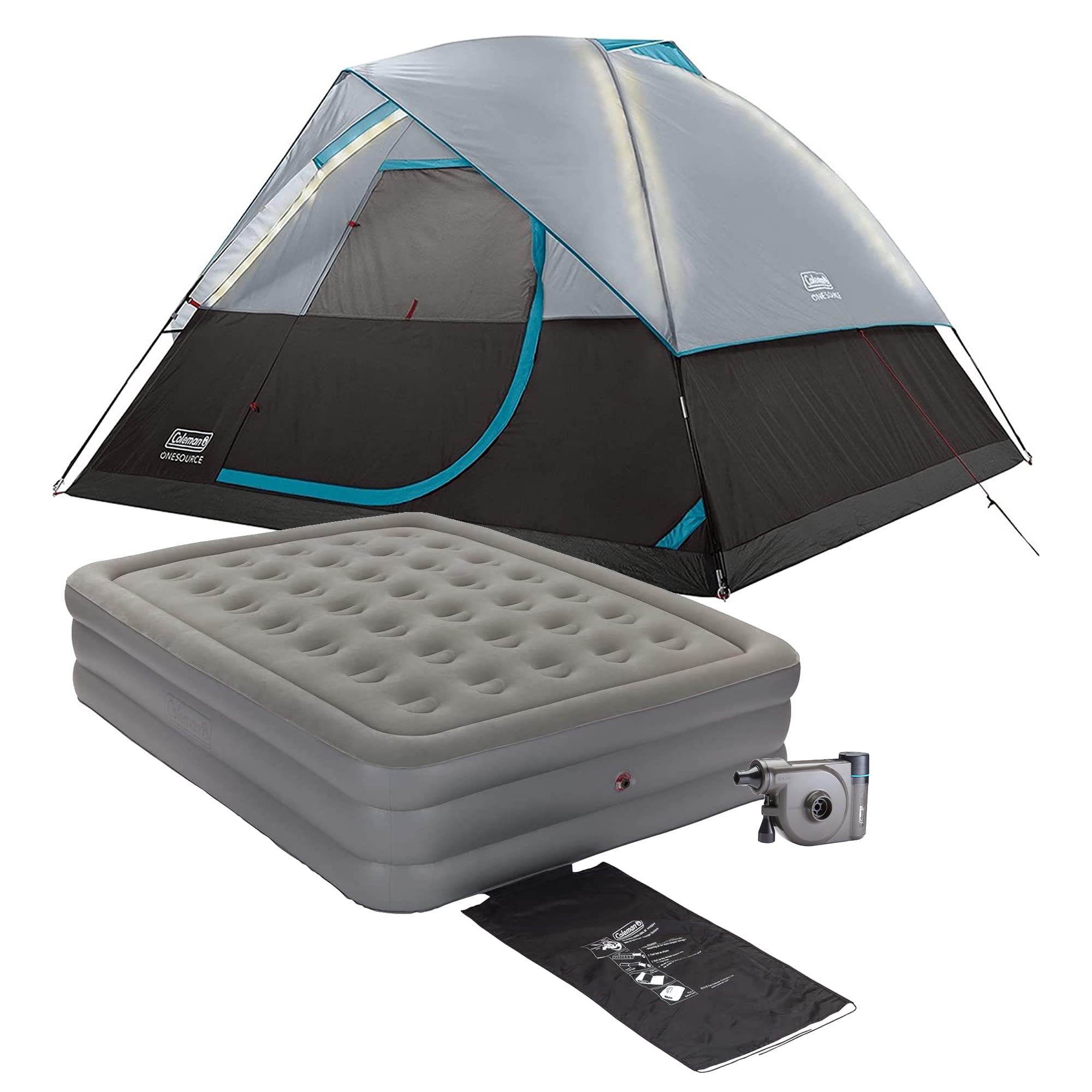 Coleman GuestRest 18" Double High Queen Airbed, OneSource 4-Person Rechargeable LED Tent, & OneSource USB Rechargeable Air Mattress Pump