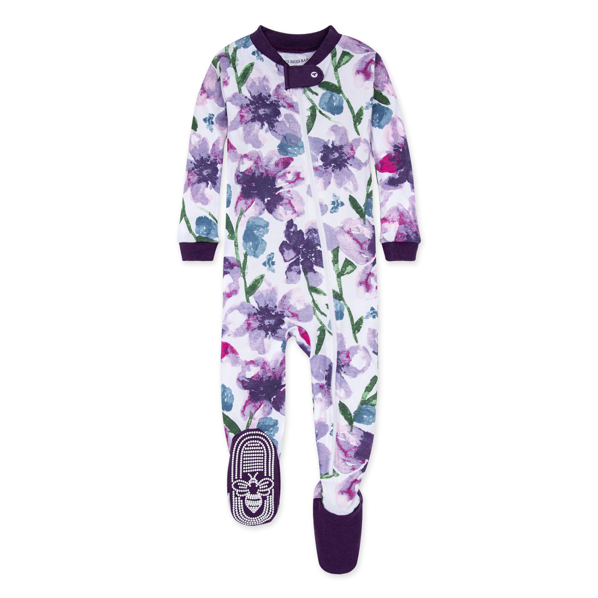 Burt's Bees Baby baby girls Pajamas, Zip Front Non-slip Footed Pjs, 100% Organic Cotton and Toddler Sleepers, Purple Watercolor Daylily, 12 Months US