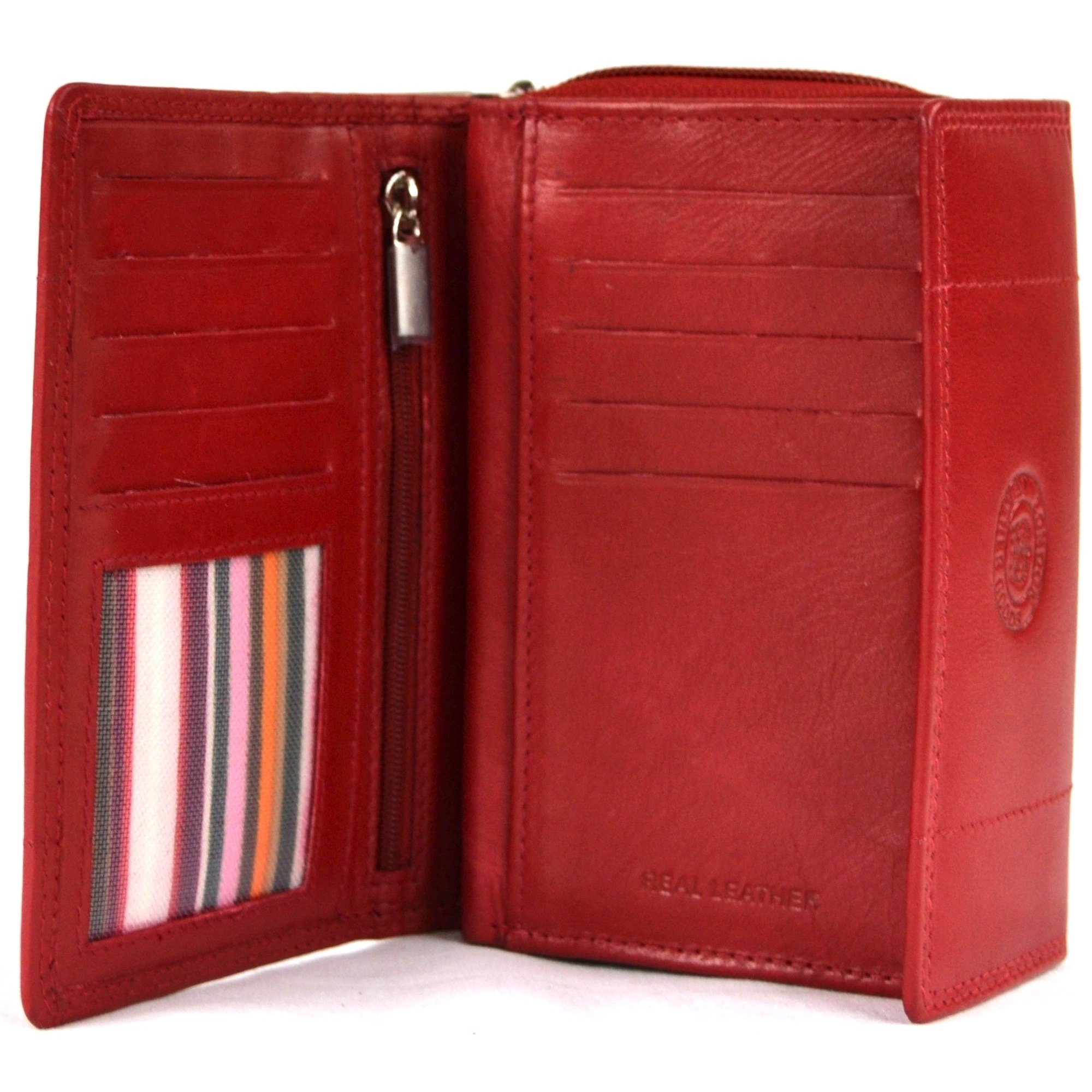 Ladies Soft Nappa Leather Zip-around Wallet, Double Credit Card Swing Section (Dark Red)