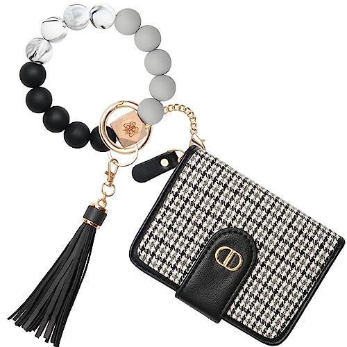 SNUG STAR Multi-Purpose Wallet High Capacity Card Holder Zipper Coin Purse with Wristlet Bracelet Keychain Silicone Beaded Bangle (Silicone Bracelet(16 Cards)-Woven Small Plaid Black)