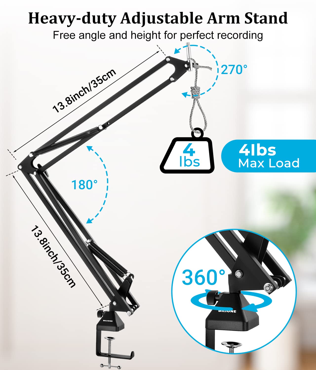 Boom Arm for HyperX QuadCast Microphone, BILIONE Adjustable Heavy Duty Suspension Boom Scissor Arm Stand, Professional Mic Stand for HyperX QuadCast, DuoCast