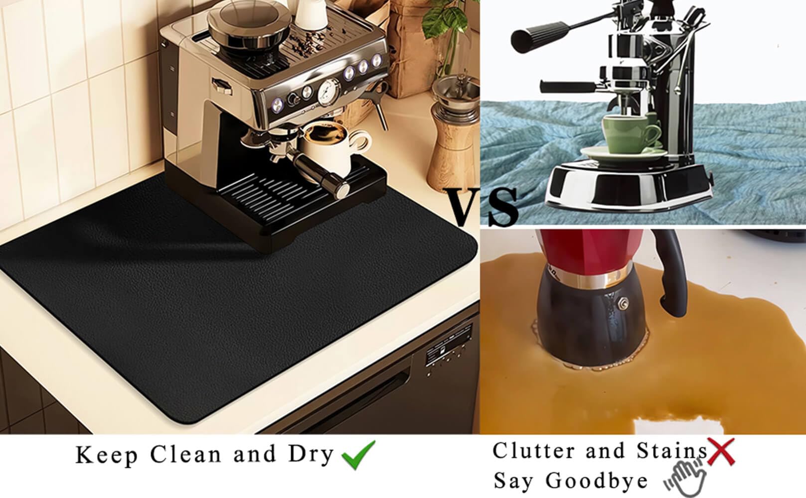 Coffee Mat for Countertops ,Coffee Bar Accessories Fit Under Coffee Maker Espresso Machine, Absorbent Hide Stain Rubber Mat for Countertop ,Dish Drying Mat for Kitchen Counter (Black, 12"x19")