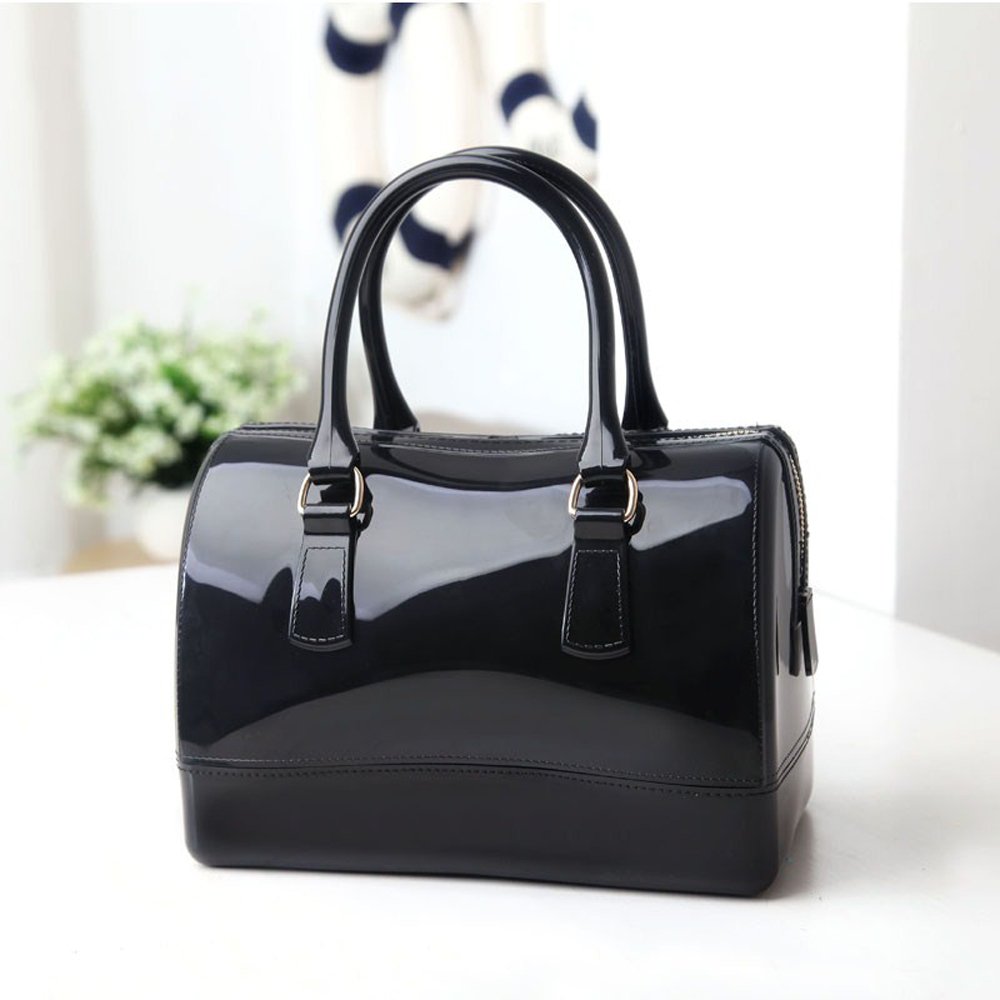 Ladies Summer Jelly Pillow-shaped Top Handle Handbag Candy Color Transparent Crystal Purse (Candy Black)