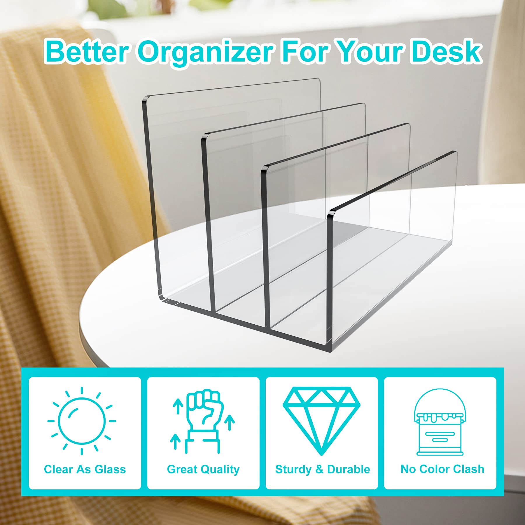 Boloyo Acrylic 3 Sections File Holder,Clear File Organizer Letter Sorter Holder for Desk,Fit for Office File Organizer Wallet & Purse Display Stand (Clear 3 Sections 1PC)