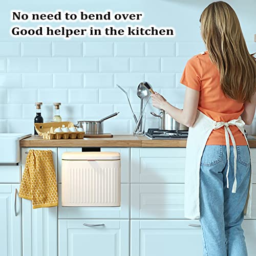 Hanging Kitchen Trash Can with Lid, Sapouni Small Compost Bin for Countertop or Under Sink 1.05 Gallon/4L Wall-Mounted Kitchen Garbage Can Stainless Steel Mini Waste Bins (Milky white,Vertical stripe)