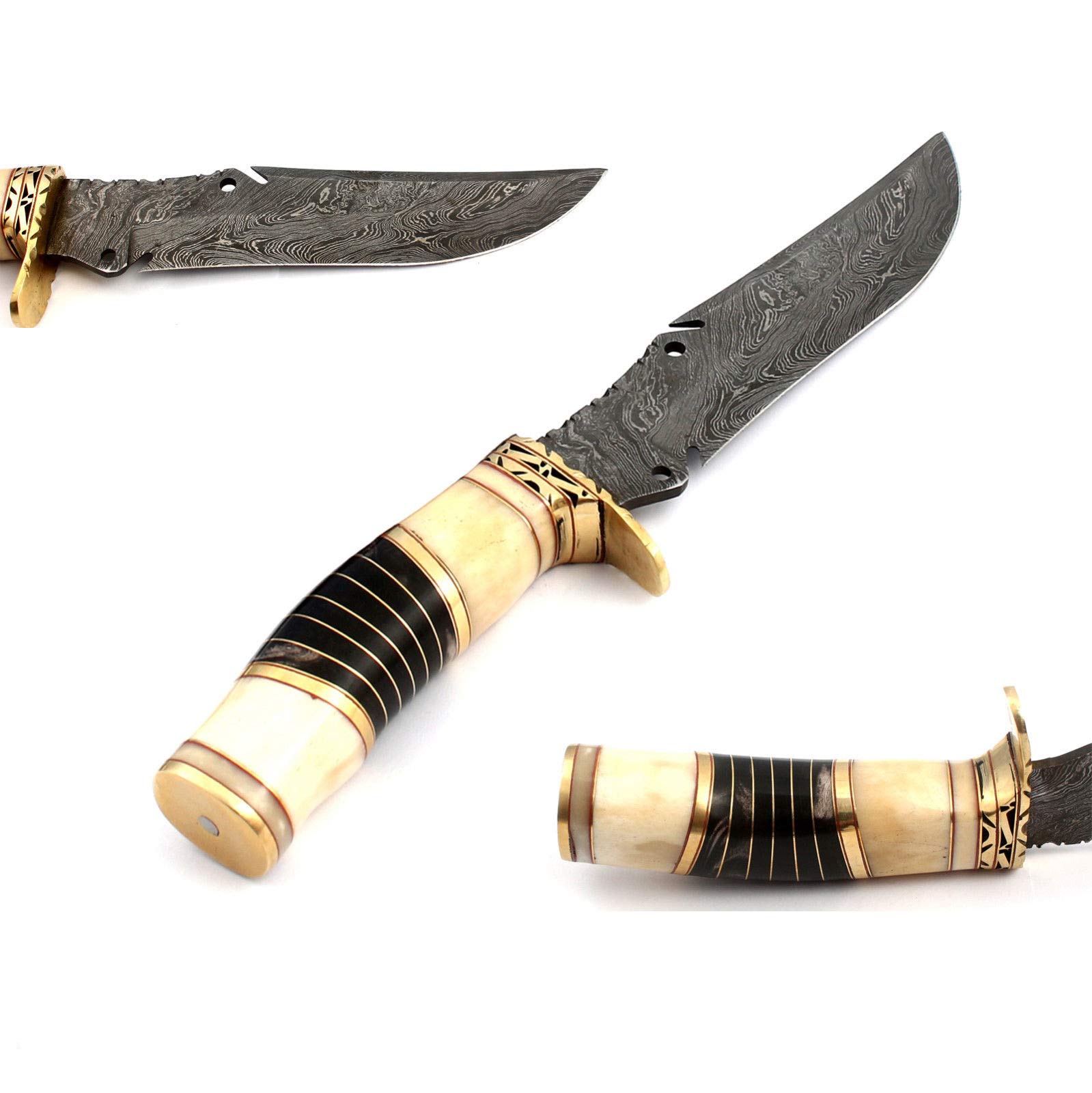 Beautiful 12" Fixed Blade Custom Made Damascus Hunting Knife with Camel Bone + Buffalo Horn Handle & Brass Spacers H-41