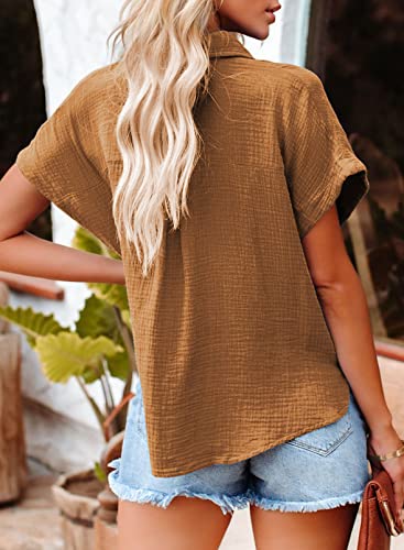 Dokotoo 2023 Fashion Summer Womens Solid V Neck Batwing Short Sleeve Shirts Button Down Cotton Office Workout Blouses Tops Resort Wear for Women Brown XL