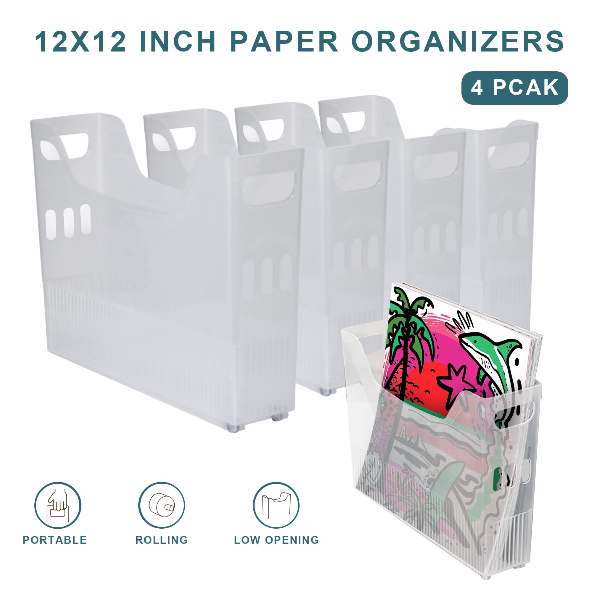 dndsim 4PCS 12x12 Paper Storage, Scrapbook Paper Storage With Wheels, Scrapbook Paper Storage, 12x12 Paper Storage Organizer, for Holding 12" X 12" Papers, Scrapbook, Vinyl Paper, Card Stock