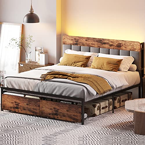 LIKIMIO Full Bed Frame with Storage Headboard, Drawers, LED Light, Charging Station, Sturdy, Noiseless, No Need Box Spring, Easy to Assemble