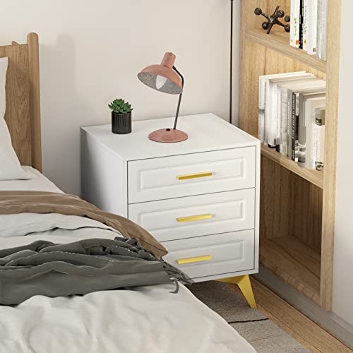 Giluta 3 Drawers Nightstand, Modern Bedside Table with Solid Metal Legs & Handles, White Gold Wood Chest of Drawers, Sofa End Side Table for Bedroom Living Room Hallway, 15.75" D x 19.7" W x 24" H