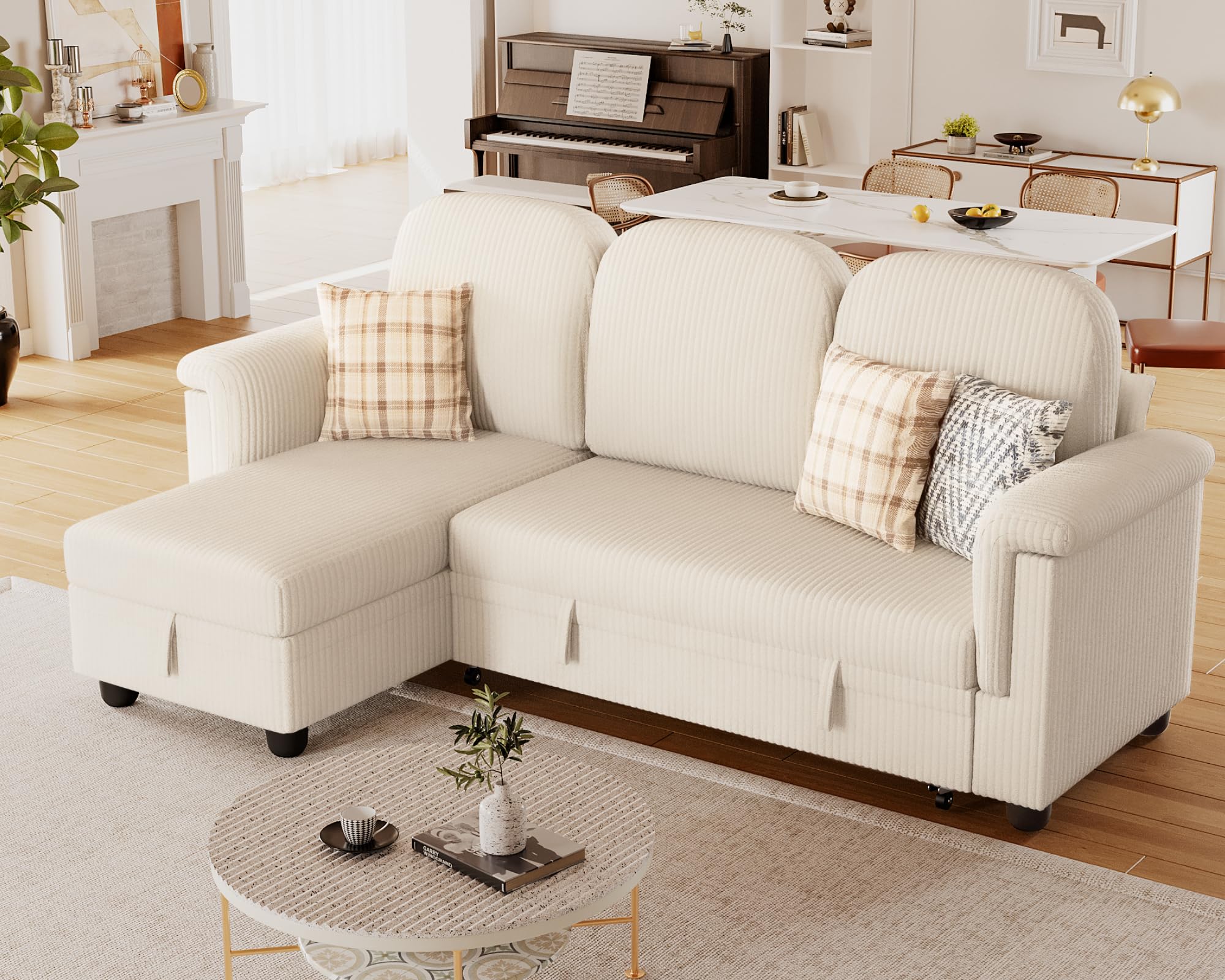 Furmax Sofa Bed Pull Out Couch with Side Storage Pockets L-Shaped Sleeper Sofa with Storage Chaise Sectional Couches for Living Room, Small Apartments (Corduroy, Beige)