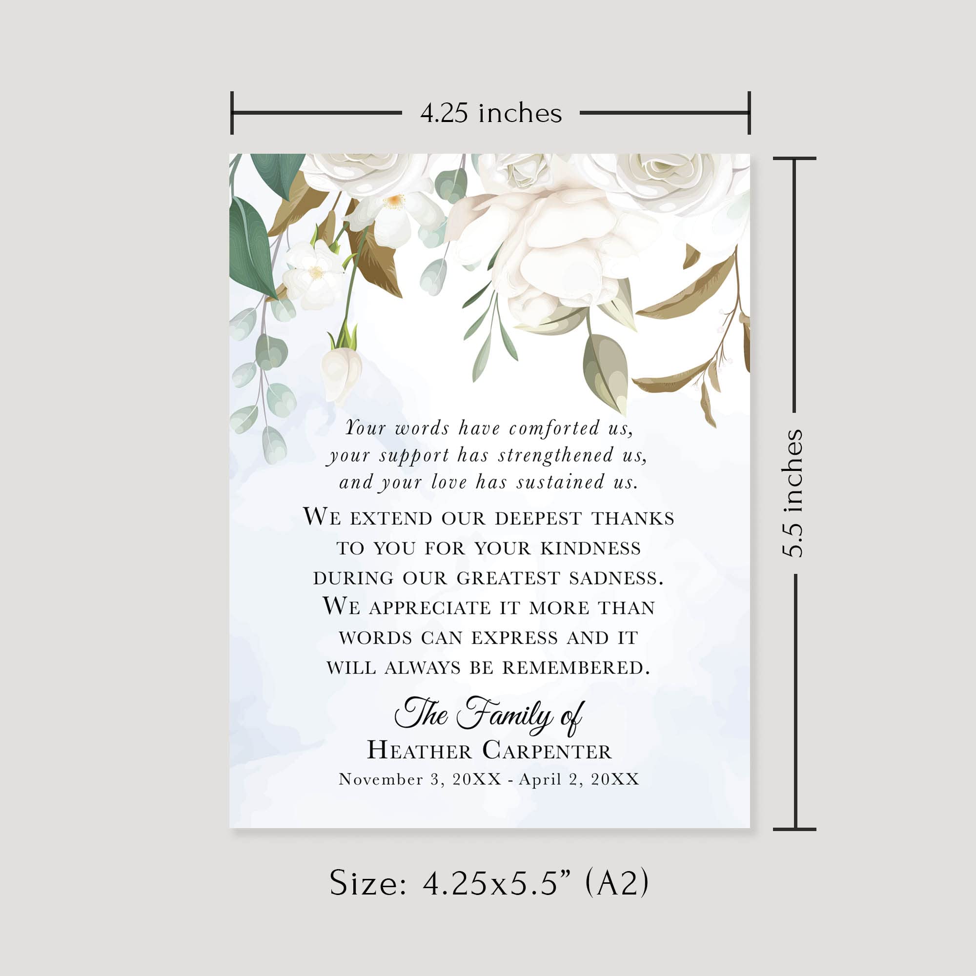 Hello Love Goods White Floral and Greenery Funeral Thank You Cards, Sympathy Acknowledgement Cards, 4.25x5.5 Flat Bereavement Notes with Envelopes