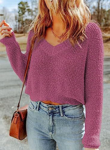 Dokotoo Solid V Neck Cropped Sweaters for Women Fall Casual Long Sleeve Knitted Pullover Jumper Tops Red Medium
