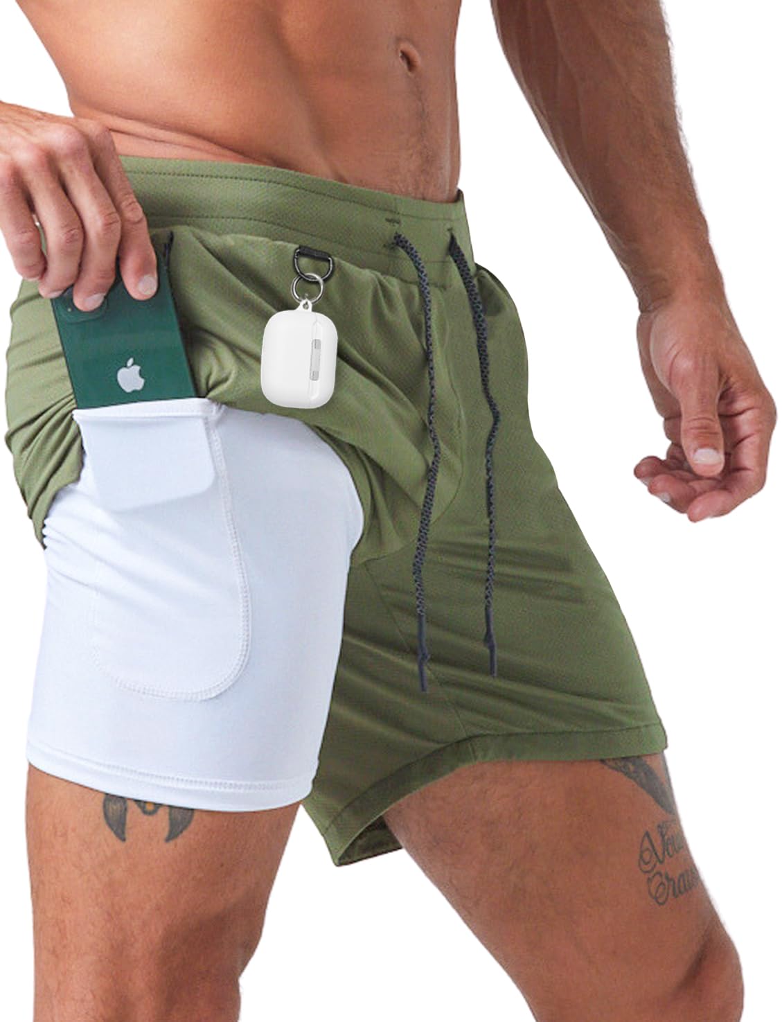 Born Tough 2 in 1 Mens Workout Shorts, 7 Inch Inseam Gym Shorts, Athletic Shorts for Bodybuilding, Running with Liner Pocket Military Green